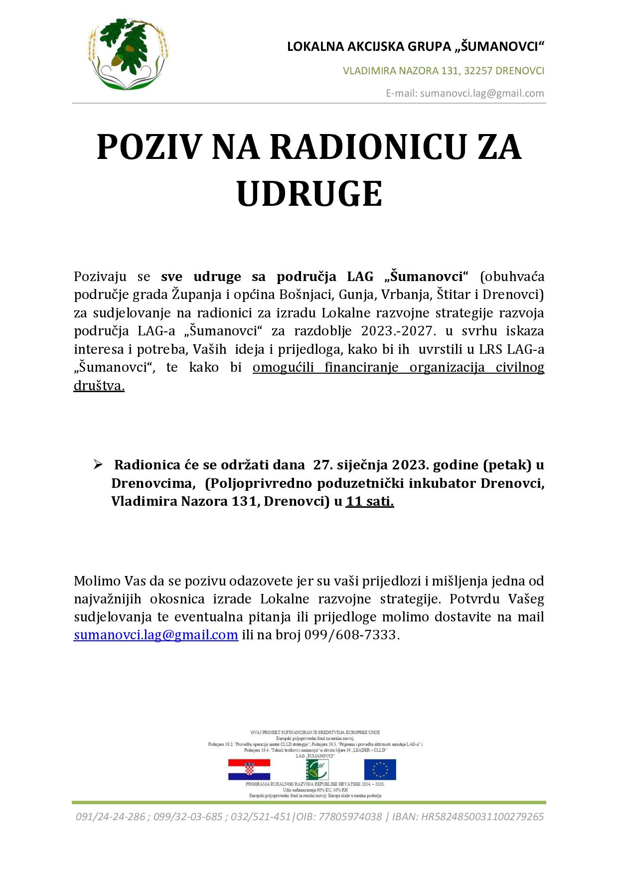 POZIV NA RADIONICU ZA UDRUGE – Općina Vrbanja